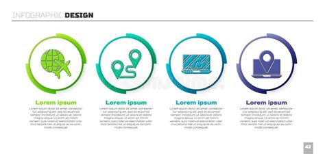 Set Globe With Flying Plane Route Location City Map Navigation And Laptop With Location Marker