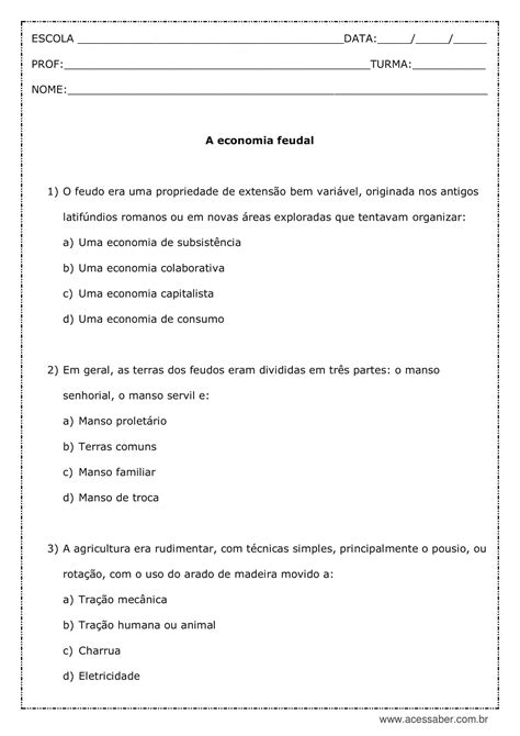 Atividades Feudalismo 6 Ano Retoedu