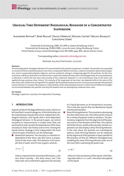Pdf Unusual Time Dependent Rheological Behavior Of A Concentrated