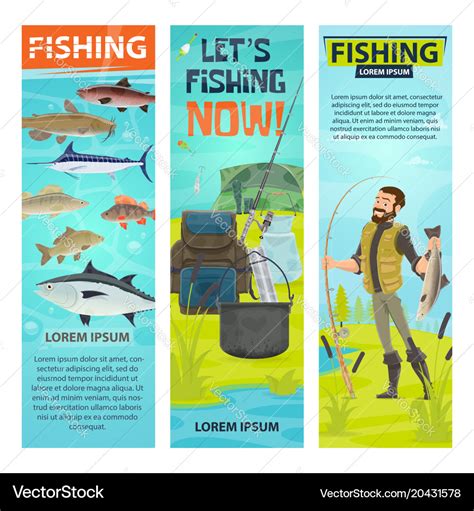 Fisherman And Fishing Equipement Banners Vector Image