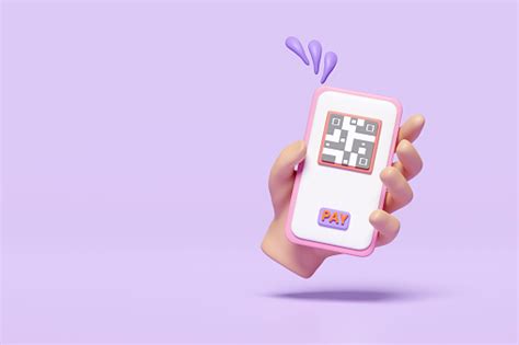 휴대폰 Qr 코드 스캐너가 있는 스마트폰 보라색 배경에 격리된 유료 라벨 태그를 들고 있는 3d 손 무현금 결제 온라인 쇼핑 개념 3d 렌더링 일러스트레이션 클리핑 경로
