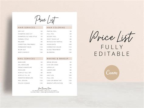 Beauty PRICE LIST Editable Template Printable Price Sheet For Hair