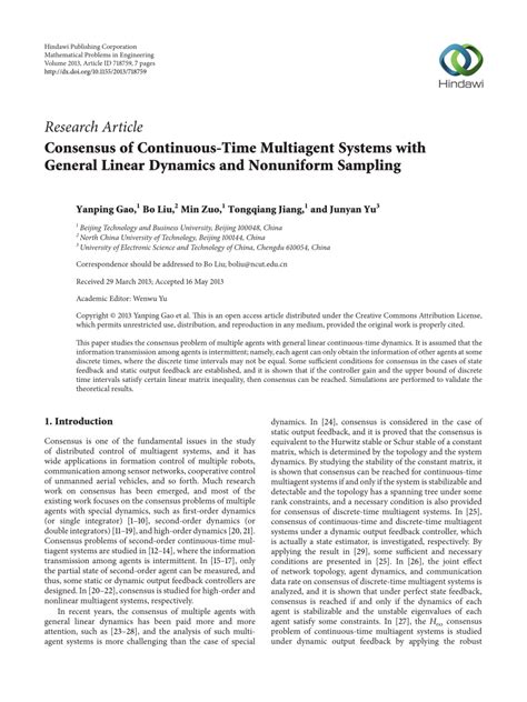Pdf Consensus Of Continuous Time Multiagent Systems With General