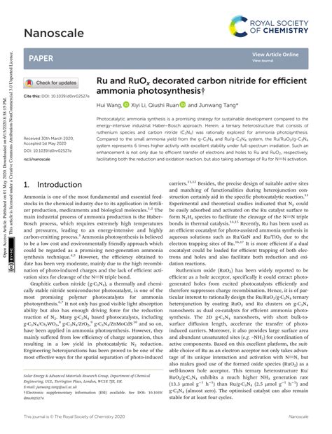 Pdf Ru And Ruox Decorated Carbon Nitride For Efficient Ammonia Photosynthesis