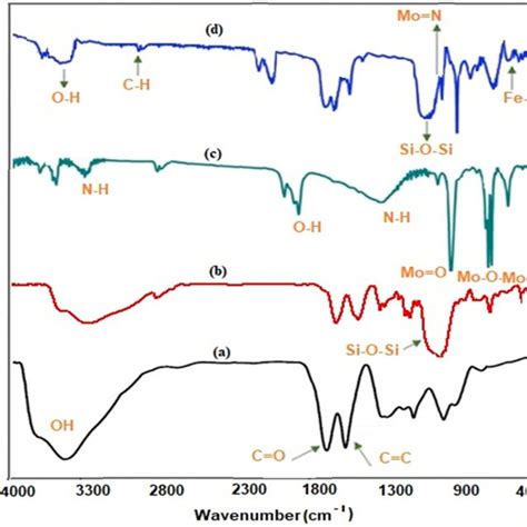 ft ir spectra of a go b fe3o4 go nh2 c pom and d download scientific diagram