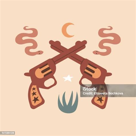 고립 된 배경에 카우보이 총 뱀 달 별 및 잔디가있는 서양 벡터 일러스트 레이 션 군사에 대한 스톡 벡터 아트 및 기타 이미지