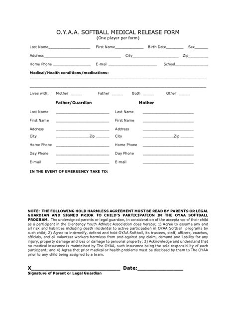Fillable Online Oyaa Softball Medical Release Form Fax Email Print Pdffiller
