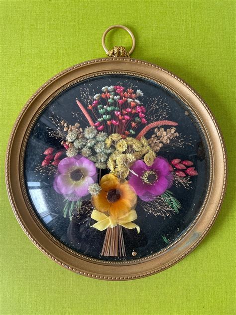 Vintage French Round Glass Frame With Textile Flowers Yellow Bow Velvet