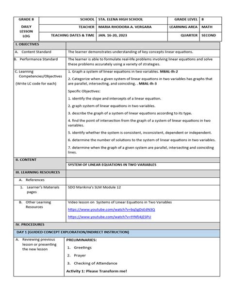 Math8 Dll System Of Linear Equation In Two Variables Module12 Pdf System Of Linear