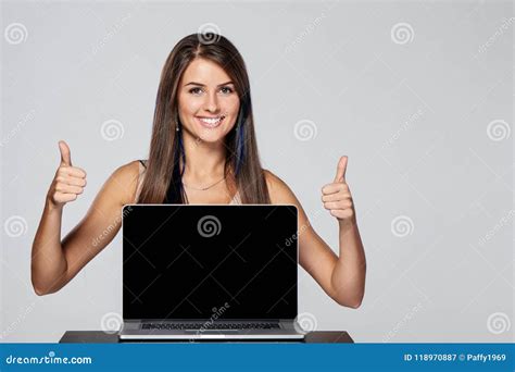 Woman Showing Blank Black Laptop Computer Screen Stock Image Image Of Network Monitor 118970887