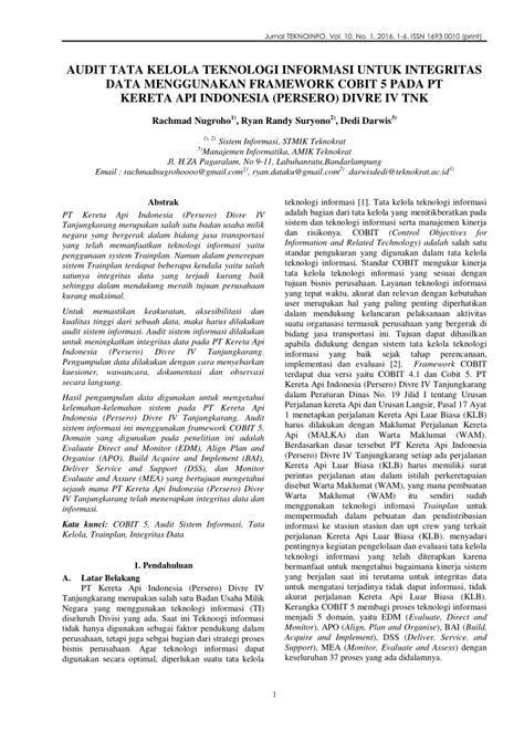 Pdf Audit Tata Kelola Teknologi Informasi Untuk Integritas Data Menggunakan Framework Cobit 5