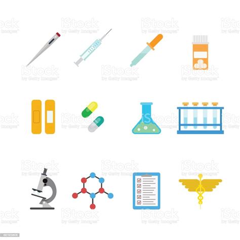 평면 스타일 창조적인 현대 모바일 화학 제약 웹 응용 프로그램 개념 아이콘 세트 온도계 주사기 피펫은 Caduceus 플라스 크 Dna 테스트 튜브 현미경