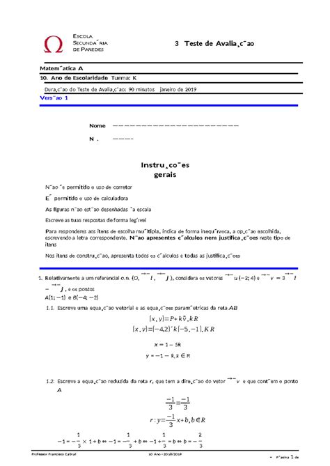 1 Teste 3 V1 10b 10 Ano 2018 Professor Francisco Cabral