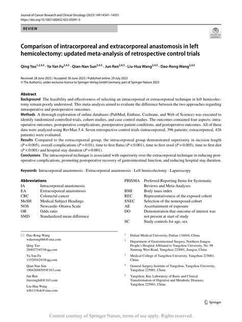 Comparison Of Intracorporeal And Extracorporeal Anastomosis In Left Hemicolectomy Updated Meta