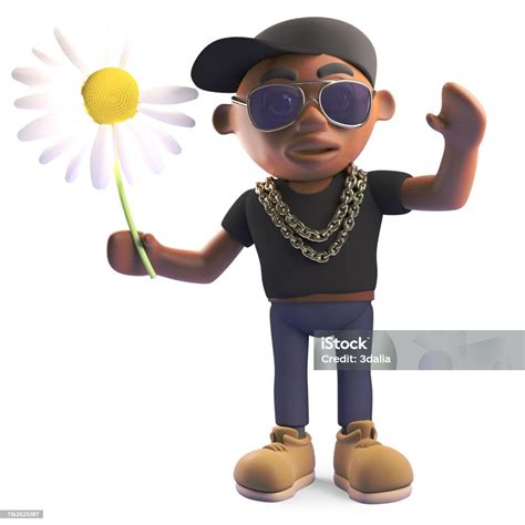 데이지 꽃을 들고 야구 모자에 3d 만화 블랙 힙합 래퍼 3d 일러스트 3차원 형태에 대한 스톡 사진 및 기타 이미지 3차원 형태 Dj 가수 Istock