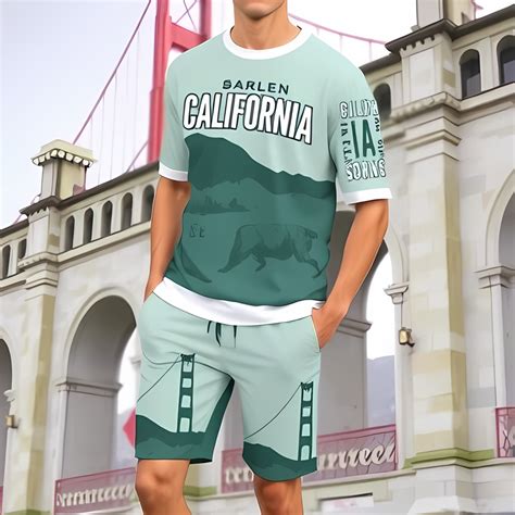 California Graphic T Shirt And Shorts Set Green With Golden Gate Bridge