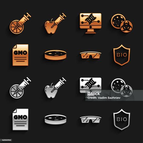 박테리아 Gmo 바이오 건강 식품을 위한 방패 실험실 안경 유전 공학 수정 유전자 변형 오렌지 및 사과 아이콘이 있는 페트리 접시를 설정합니다 벡터 Dna에 대한 스톡 벡터