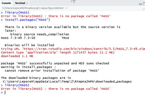 install not recognized error in library pkg there is no package