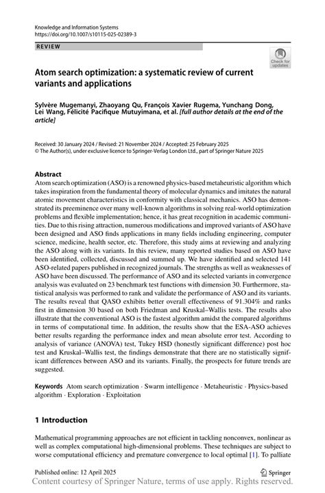 Atom Search Optimization A Systematic Review Of Current Variants And Applications