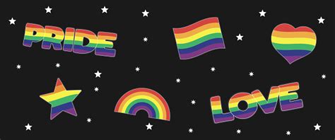 무지개 색상의 깃발 별 하트 모양이 있는 Lgbtq 커뮤니티 스티커 세트 프라이드의 달 기호와 슬로건 게이 퍼레이드 아이콘입니다