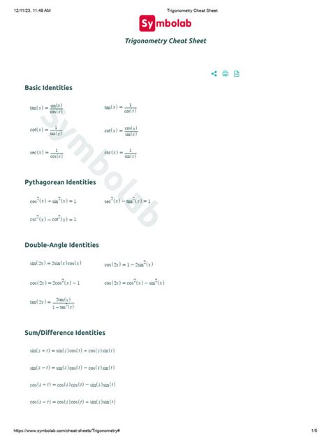 Trigonometry Cheat Sheet Copy Pdf