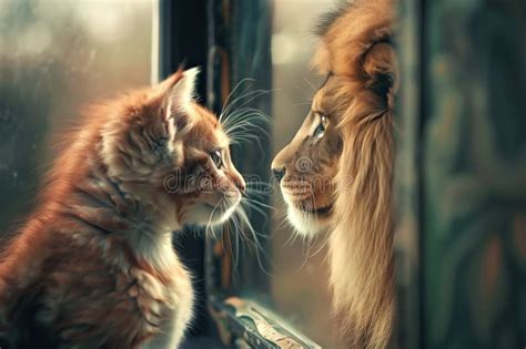 A Kitten Looks At A Mirror Seeing A Male Lion Reflected Inside