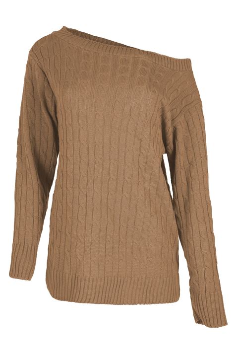 Womens Off The Shoulder Chunky Knit Jumper Ladies Oversized Baggy