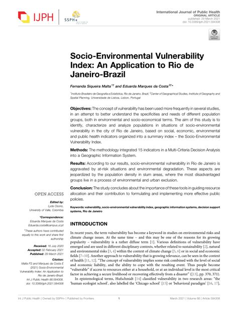 Pdf Socio Environmental Vulnerability Index An Application To Rio De Janeiro Brazil