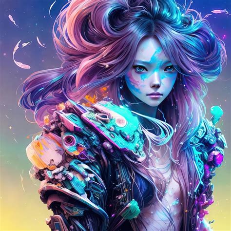 Premium Photo A Digital Painting Of A Girl With A Colorful Hair And A