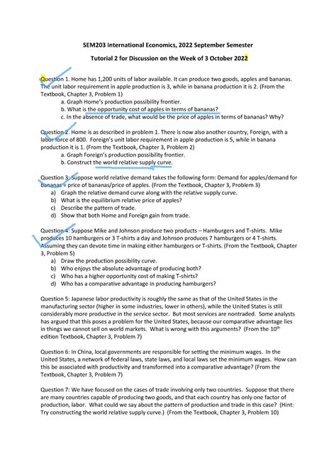 SEM203 Tutorial 2 2022Oct3 SEM203 International Economics 2022 September Semester Tutorial 2