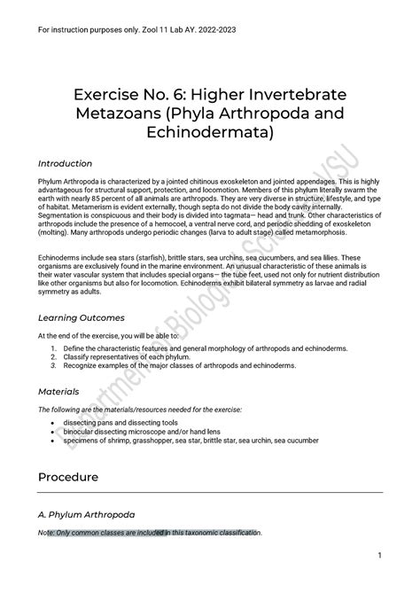 exercise no 3 arthropods exercise no 6 higher invertebrate