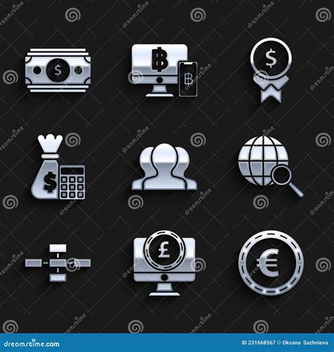 Set Users Group Coin Money Euro Magnifying Glass Globe Business Hierarchy Organogram Chart