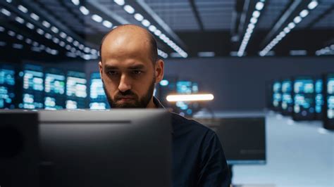 Man In Server Room Typing Code Ensuring Data Stock Footage Sbv