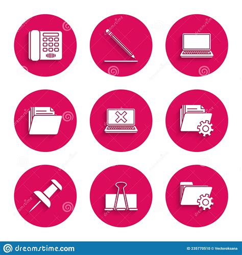 set laptop and cross mark on screen binder clip folder settings with gears push pin document