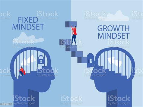 계단을 짓는 사업가 새로운 성공적인 삶 성장 사고 방식을 다른 고정 된 사고 방식 개념 일러스트 레이터를 생각하십시오 개념과 주제에 대한 스톡 벡터 아트 및 기타 이미지