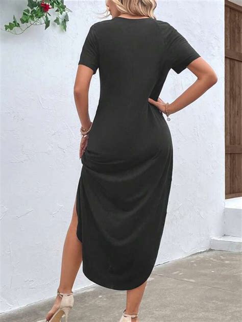 SHEIN LUNE Vestido Estilo Camiseta Con Estampado De Rayas De Muslo Con