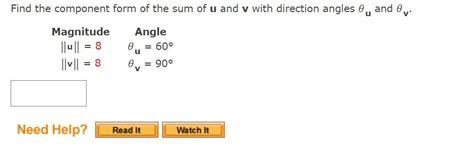 Solved Find The Component Form Of The Sum Of U And V With Chegg Com