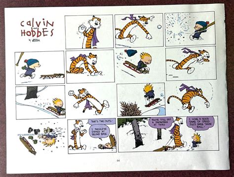 1990s Vintage Calvin And Hobbes Comic Strip Pin Up Wall Art Sled Base