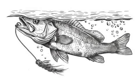 Black And White Pencil Drawing Of A Largemouth Bass Hooked On A Lure