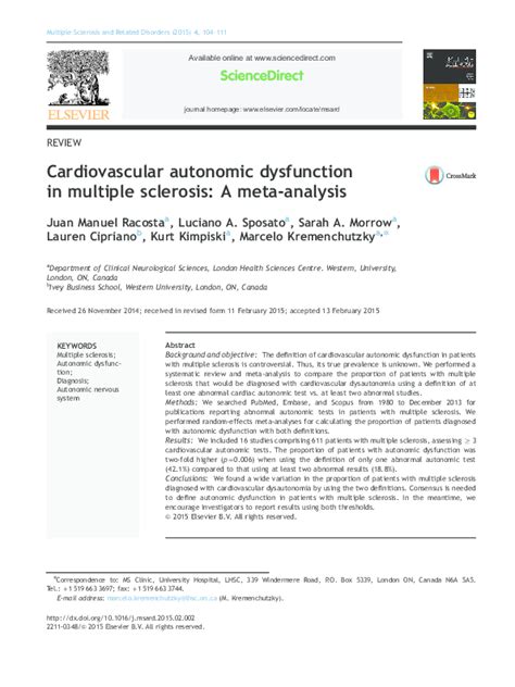 Pdf Cardiovascular Autonomic Dysfunction In Multiple Sclerosis A Meta Analysis