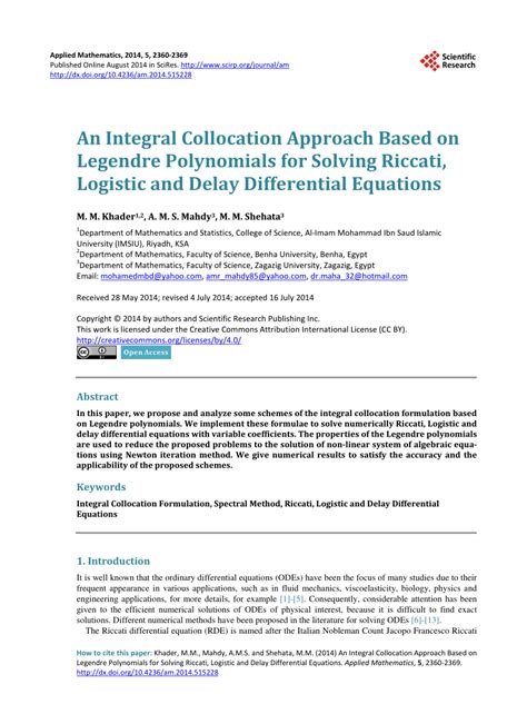 Pdf An Integral Collocation Approach Based On Legendre Polynomials For Solving Riccati