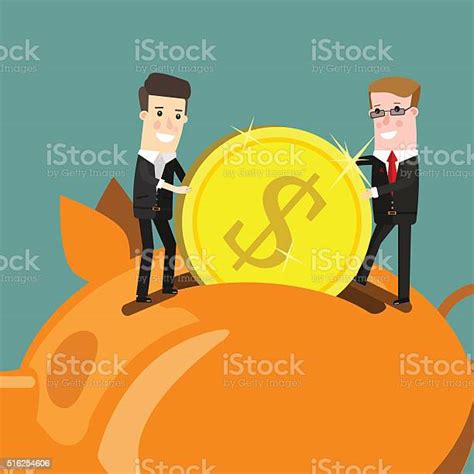 사업가 퍼팅 동전 대상쪽으로 돼지 저금통 평편 디자인식 비즈니스 컨셉입니다 금색에 대한 스톡 벡터 아트 및 기타 이미지 금색
