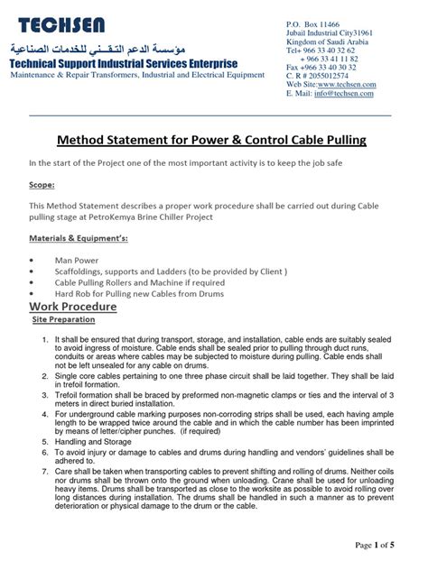 Cable Pulling Method Of Statement Pdf Tension Physics