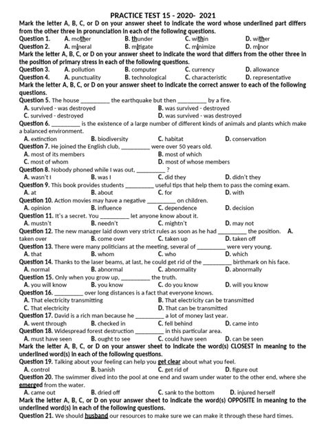 Practice Test 15 ĐỀ Pdf