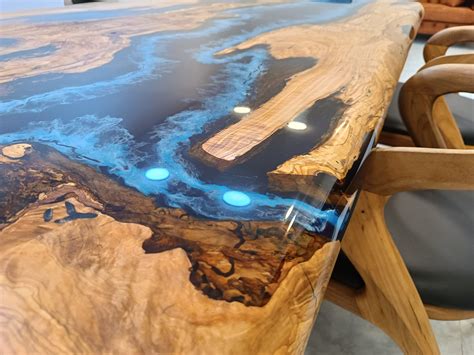 Olive Wood Ocean Design Deep Blue Epoxy Table Dining Table River