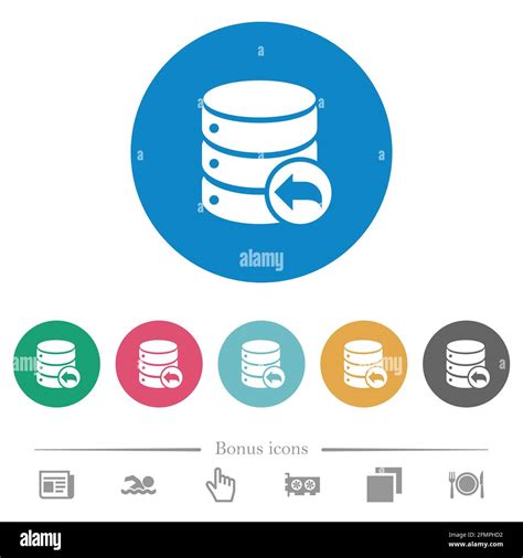 Database Transaction Rollback Flat White Icons On Round Color Backgrounds 6 Bonus Icons