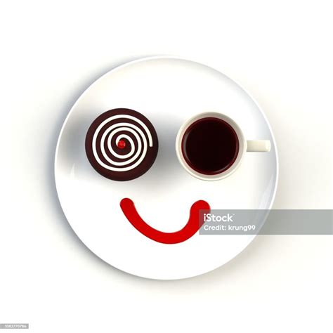 흰색 배경 커피 개념 그림 3d 렌더링에 고립 된 미소의 형태로 케이크와 커피 한 잔의 상위 뷰 3차원 형태에 대한 스톡 사진 및 기타 이미지 Istock