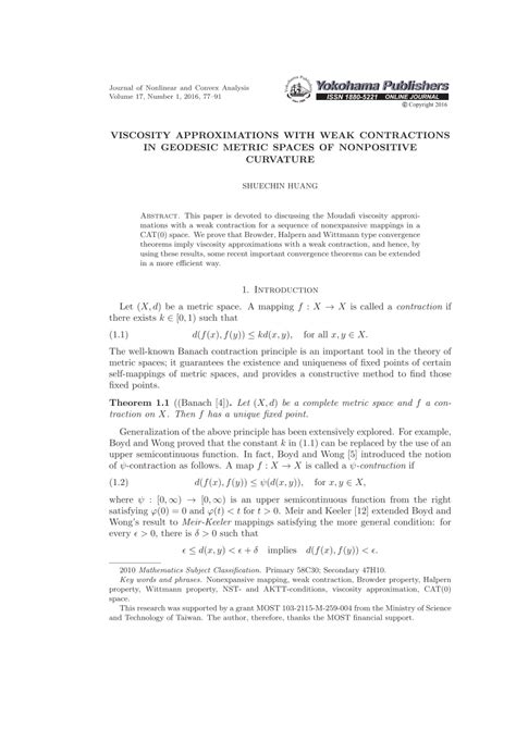 Pdf Viscosity Approximations With Weak Contractions In Geodesic Metric Spaces Of Nonpositive