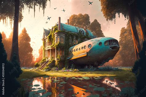 Spaceship Crashed On The Ground In A Futuristic Dreamscape Lush Forest Science Fiction Space