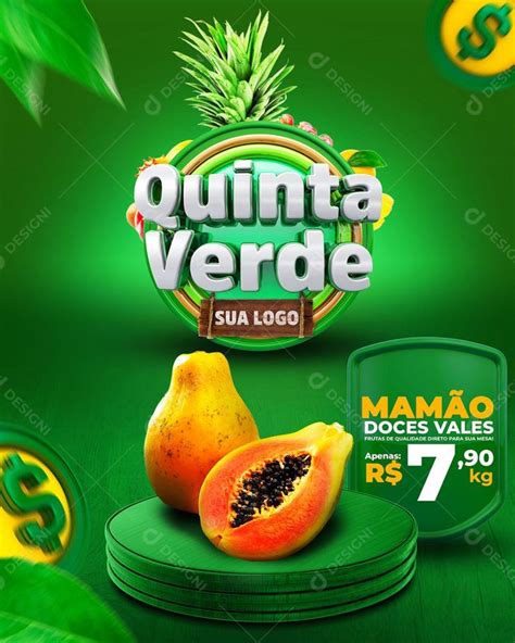 Post Hortifruti Quinta Verde Fruta Mamão Doce Social Media PSD Editável